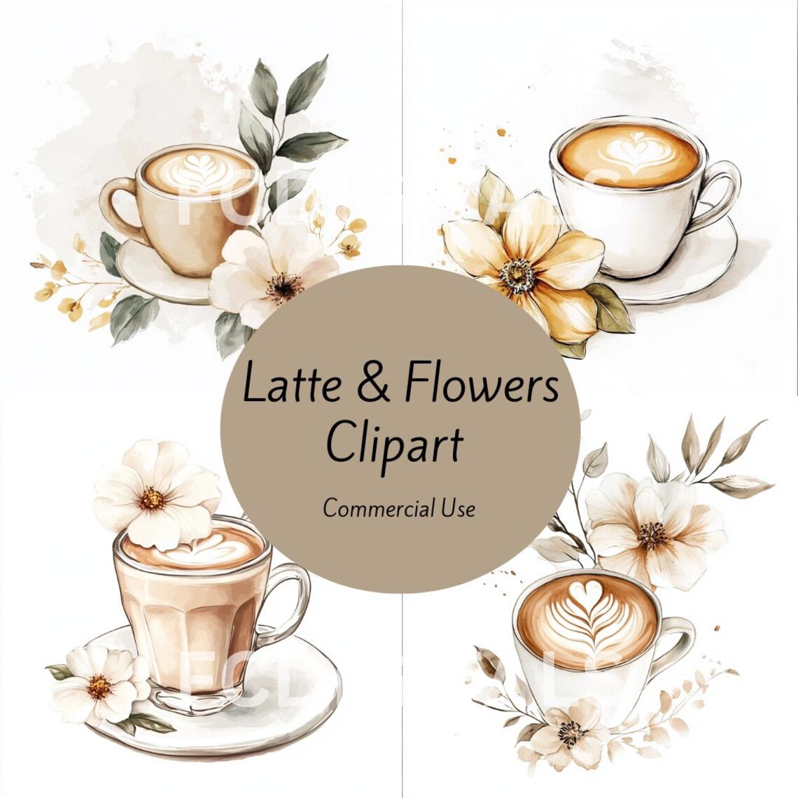 Coffee Latte Clipart, Watercolor Latte and Flowers Clipart, High ...