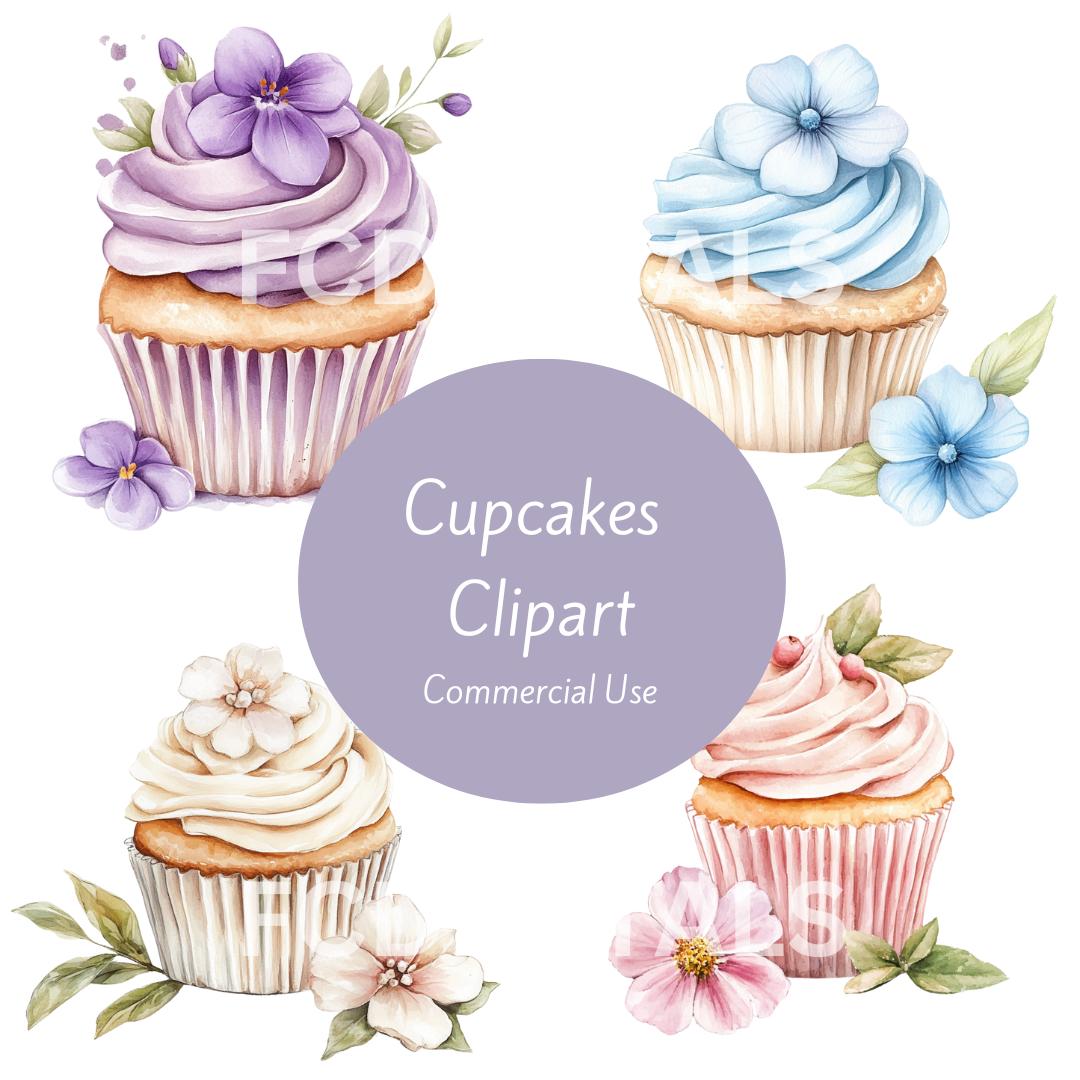 Cupcakes Clipart, Flower Cupcakes Illustrations, Party Invitations ...