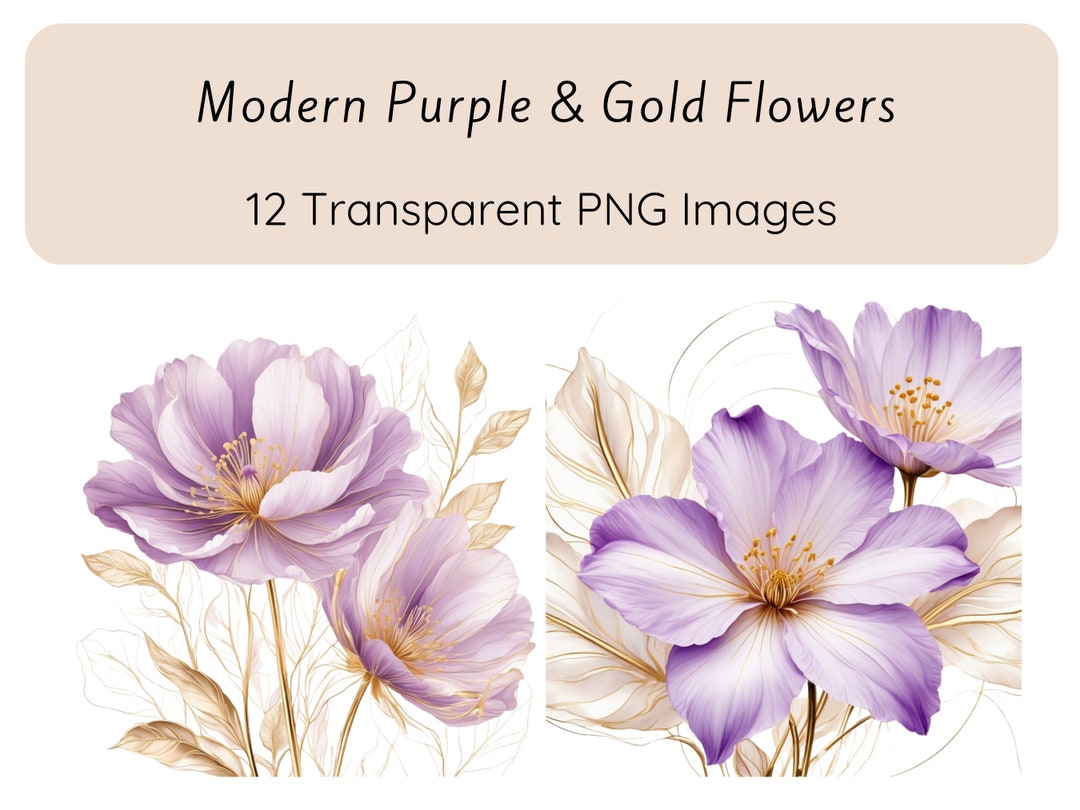 12 Watercolor Flowers Clipart, Purple Gold Flowers, Transparent Pngs ...