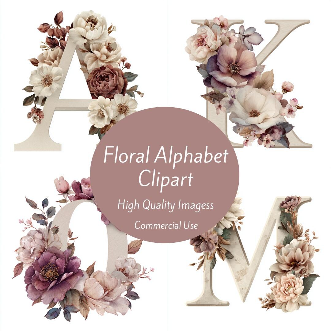 Floral Alphabet Clipart, Watercolor Letters Clipart, Floral Letter ...