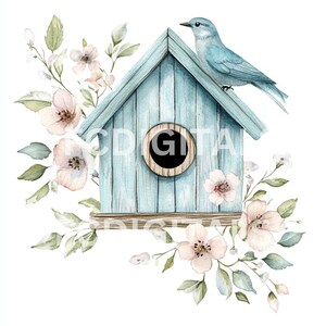 Birdhouse Clipart, Spring Flowers Clipart, Birdhouse and Wildflowers ...