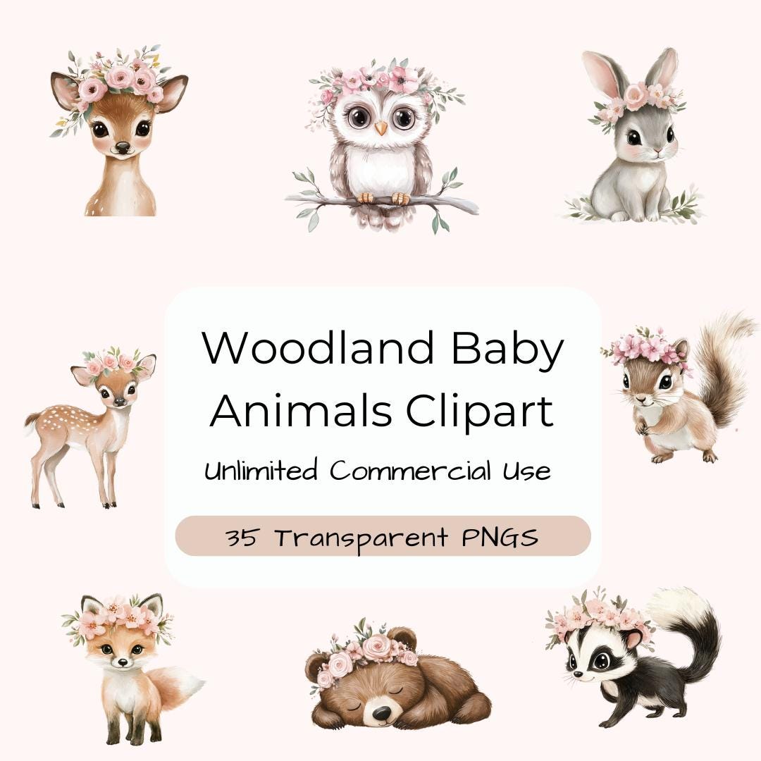 Woodland Baby Animals Clipart, Baby Forest Animals Clipart, Baby Girl ...
