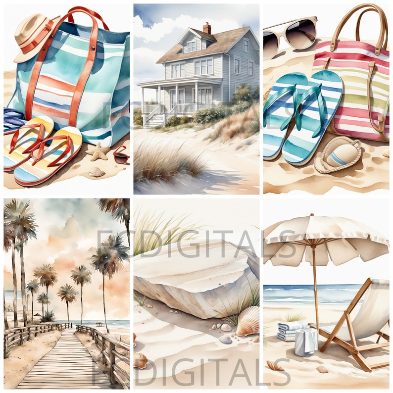 Watercolor Beach Clipart, Vacation Clipart, Boho Summer Clipart Images ...