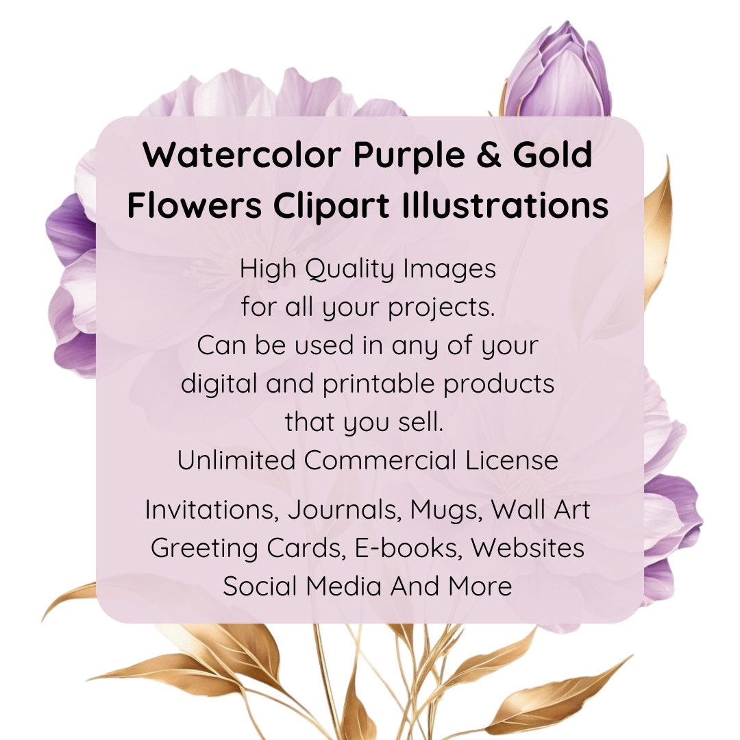 12 Watercolor Flowers Clipart, Purple Gold Flowers, Transparent Pngs ...