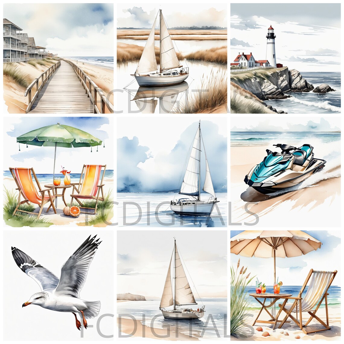 Watercolor Beach Clipart, Vacation Clipart, Boho Summer Clipart Images ...