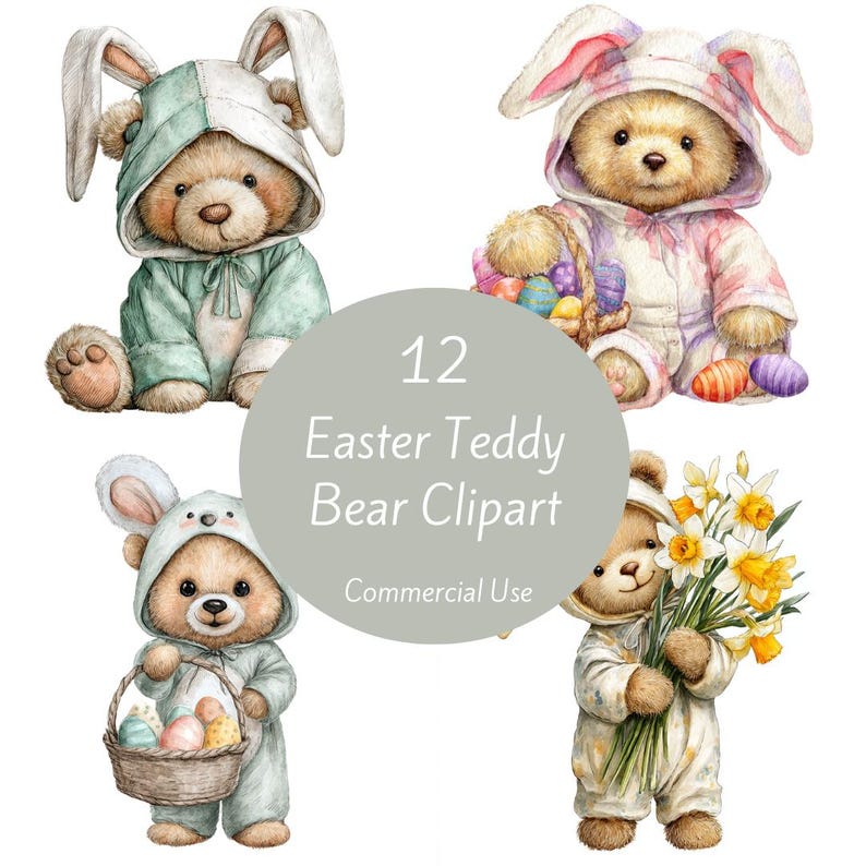 Easter Teddy Bear Clipart, Watercolor Easter Clipart, Digital Download ...