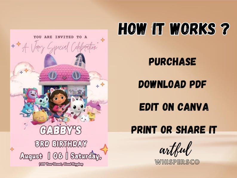 Editable Gabbys Dollhouse Birthday Invitation Template, Digital Gabby ...