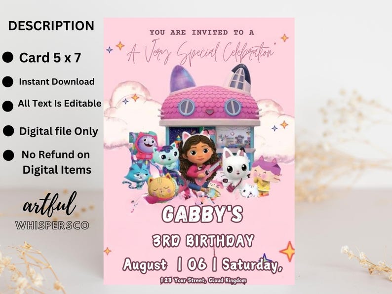 Editable Gabbys Dollhouse Birthday Invitation Template, Digital Gabby ...