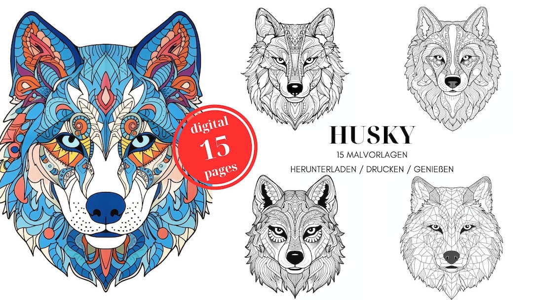 15 Pages Dog Coloring Book Husky / Coloring Pages to Print / Mandala ...