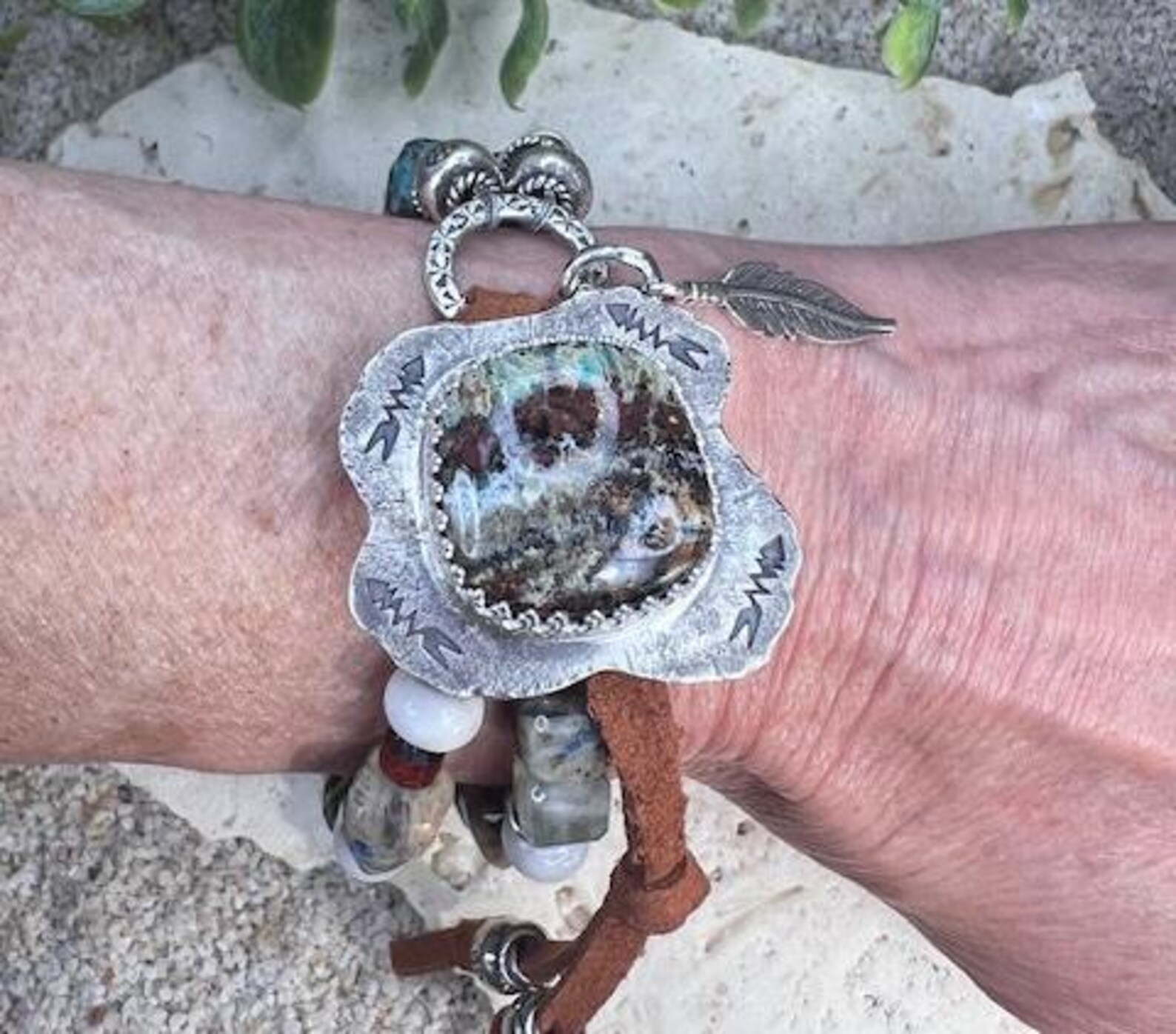 Boho Artisan Plume Opal Button Bracelet, 925 Silver, Chrysocolla, Vegan ...