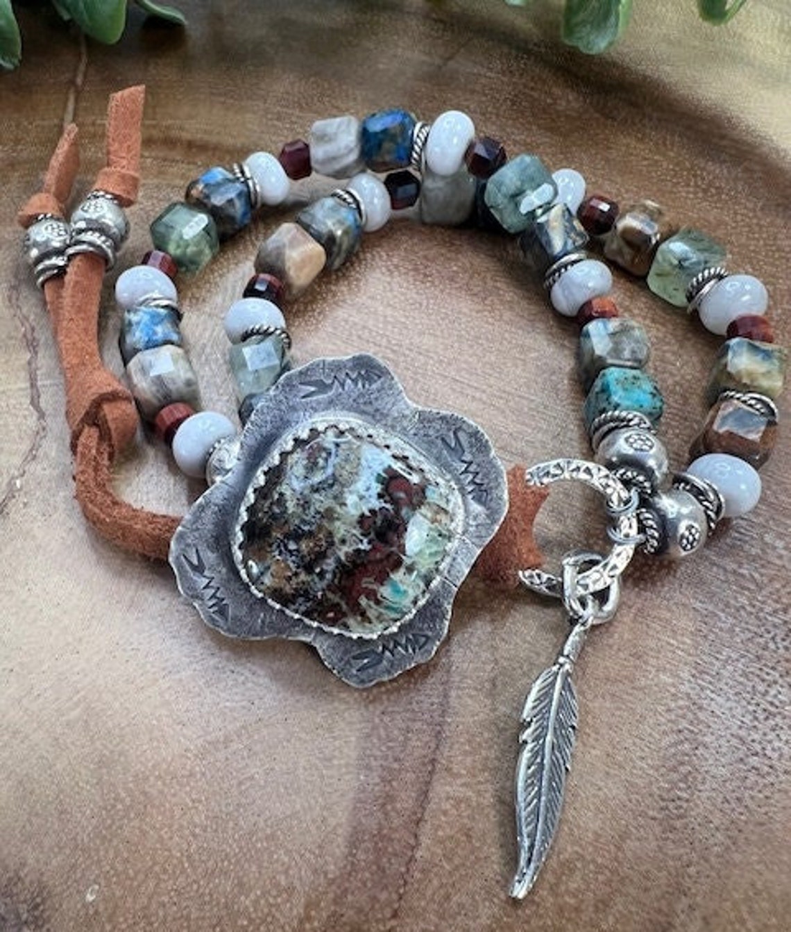 Boho Artisan Plume Opal Button Bracelet, 925 Silver, Chrysocolla, Vegan ...