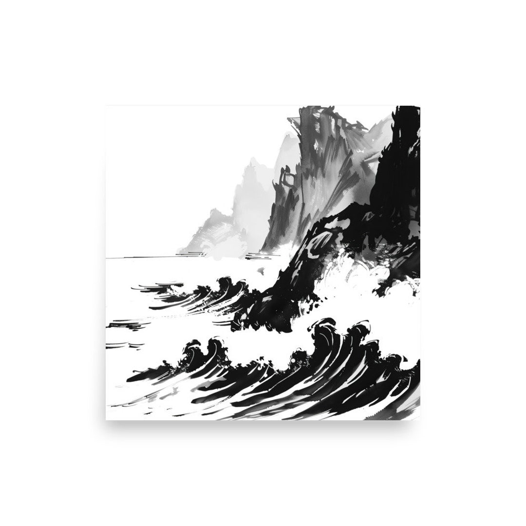 Wave and Cliff Japanese Ink Print Traditional Art Poster Nature Wall ...