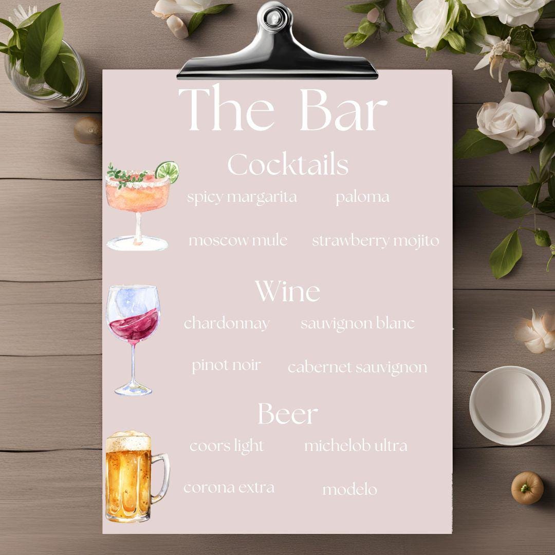 Customizable Bar Menu Template for Weddings, Parties and Events ...