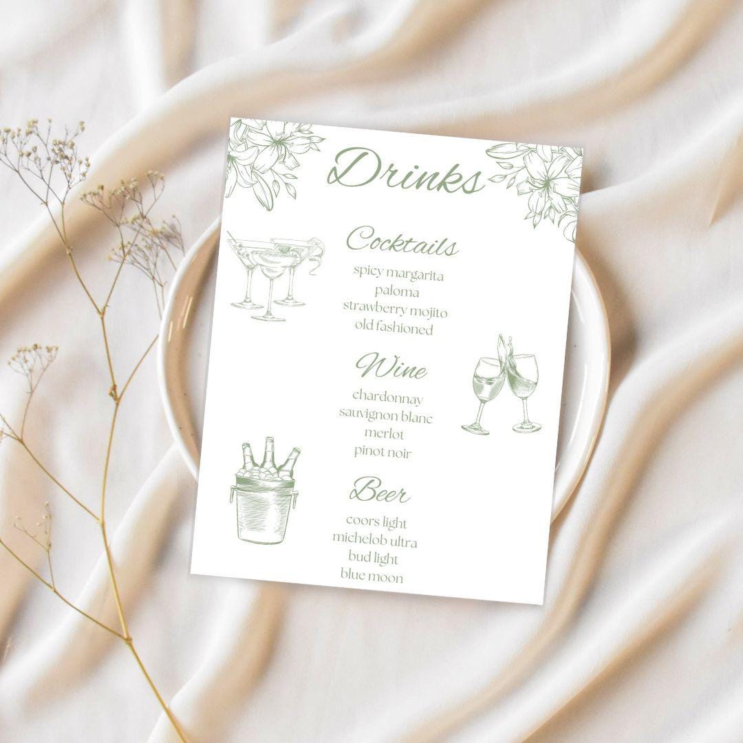 Cute and Simple Drink Menu Template for Parties or Weddings Downloadable and Customizable ...