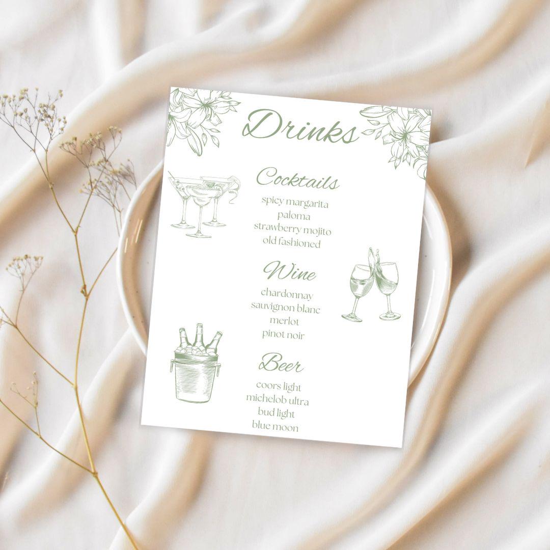Cute and Simple Drink Menu Template for Parties or Weddings ...