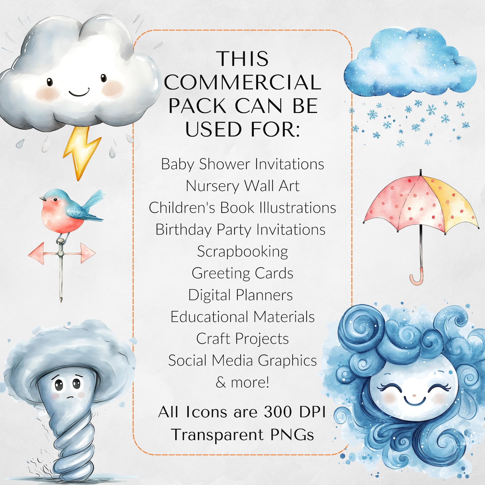 Watercolor Weather Clipart for Commercial Use, Watercolor Clouds ...