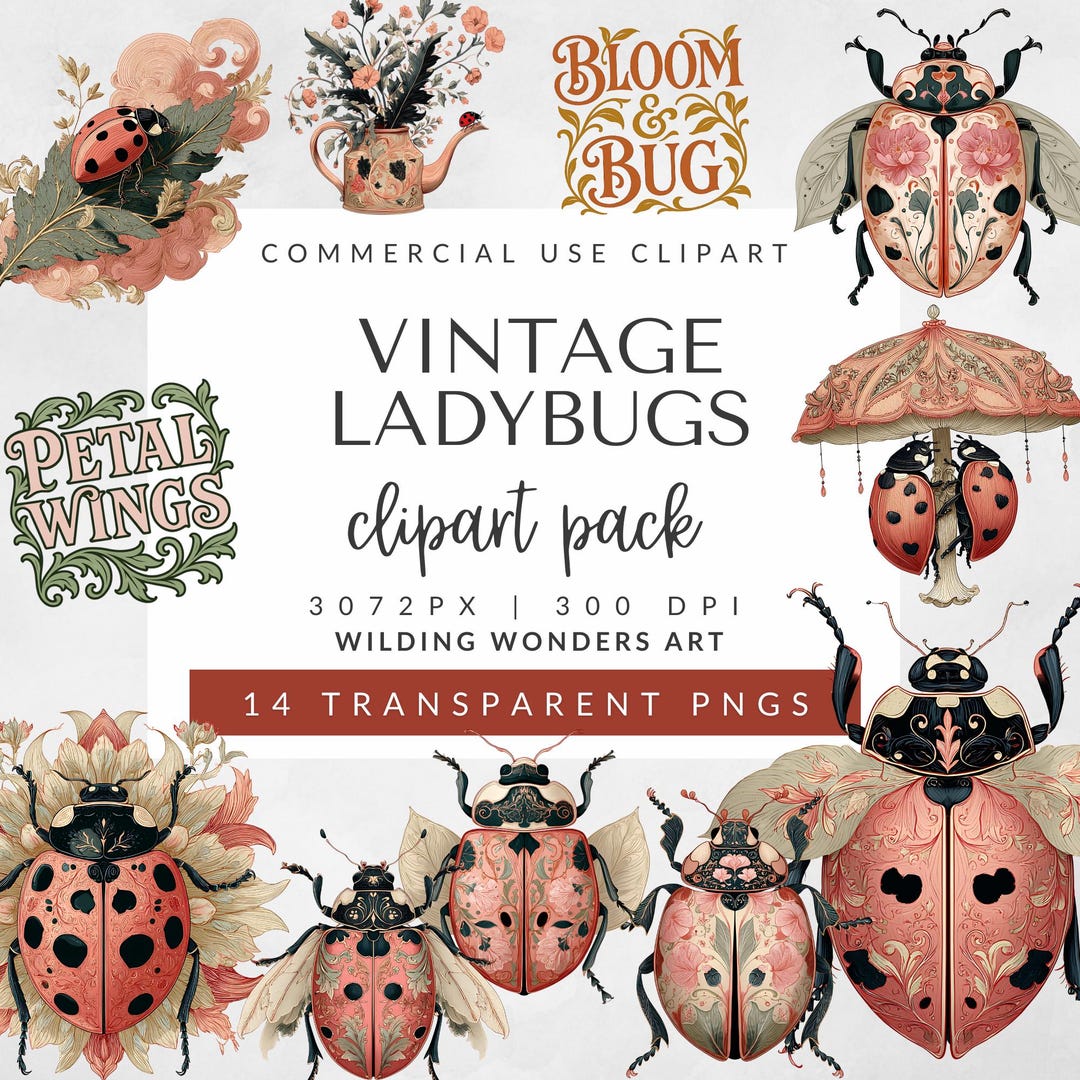Vintage Ladybugs Clipart Pack for Commercial Use, Art Nouveau Insect ...