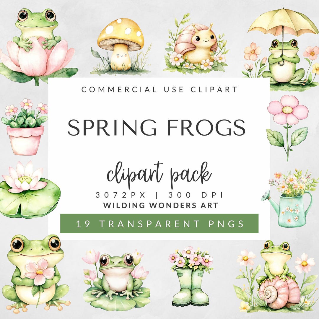 Spring Frogs Clipart Pack for Commercial Use, Watercolor Frog, Cute ...