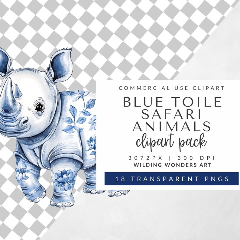 Blue Toile Safari Animals Clipart Pack for Commercial Use, Safari Toile ...