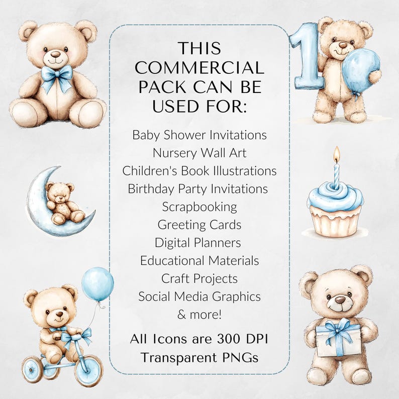 Blue Beary First Birthday Clipart Pack for Commercial Use, Baby Shower ...