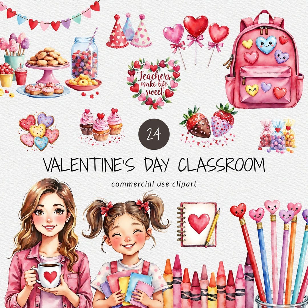 Valentine's Day Classroom Clipart Pack for Commercial Use, School Decor ...
