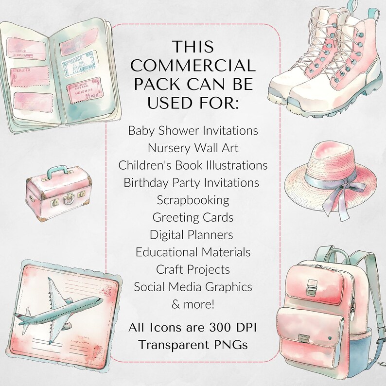 Pink Plane Ticket Clipart Pack for Commercial Use, Travel Clip Art ...