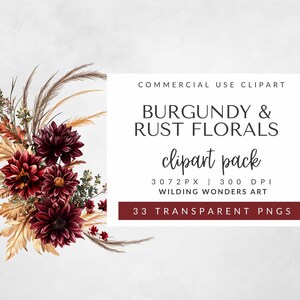 Burgundy & Rust Florals Clipart Pack for Commercial Use, Fall Floral ...