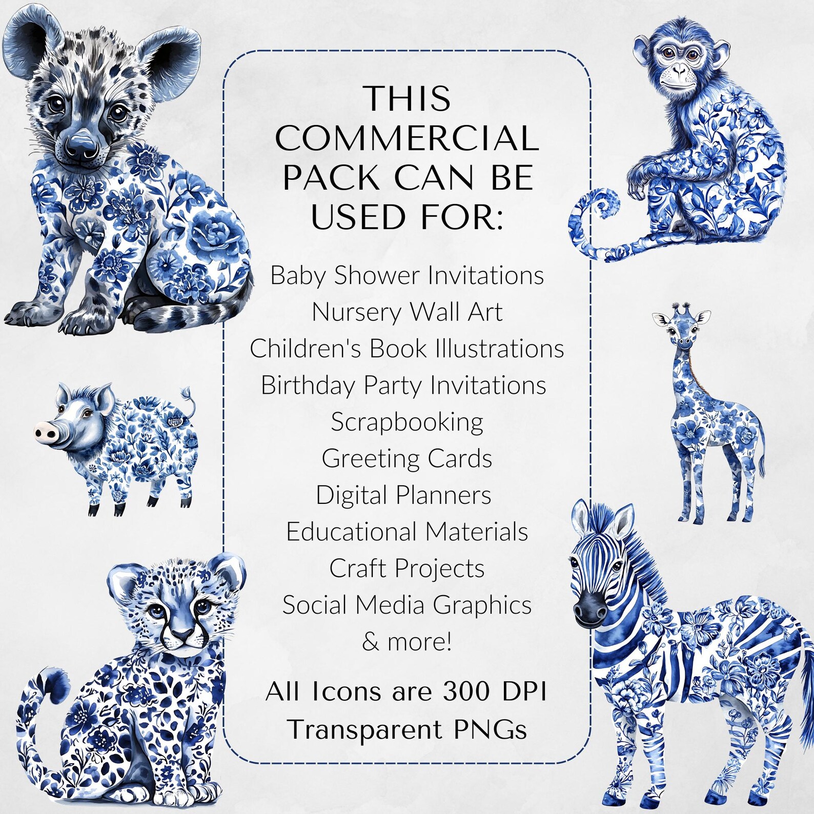 Blue Toile Safari Animals Clipart Pack for Commercial Use, Safari Toile ...