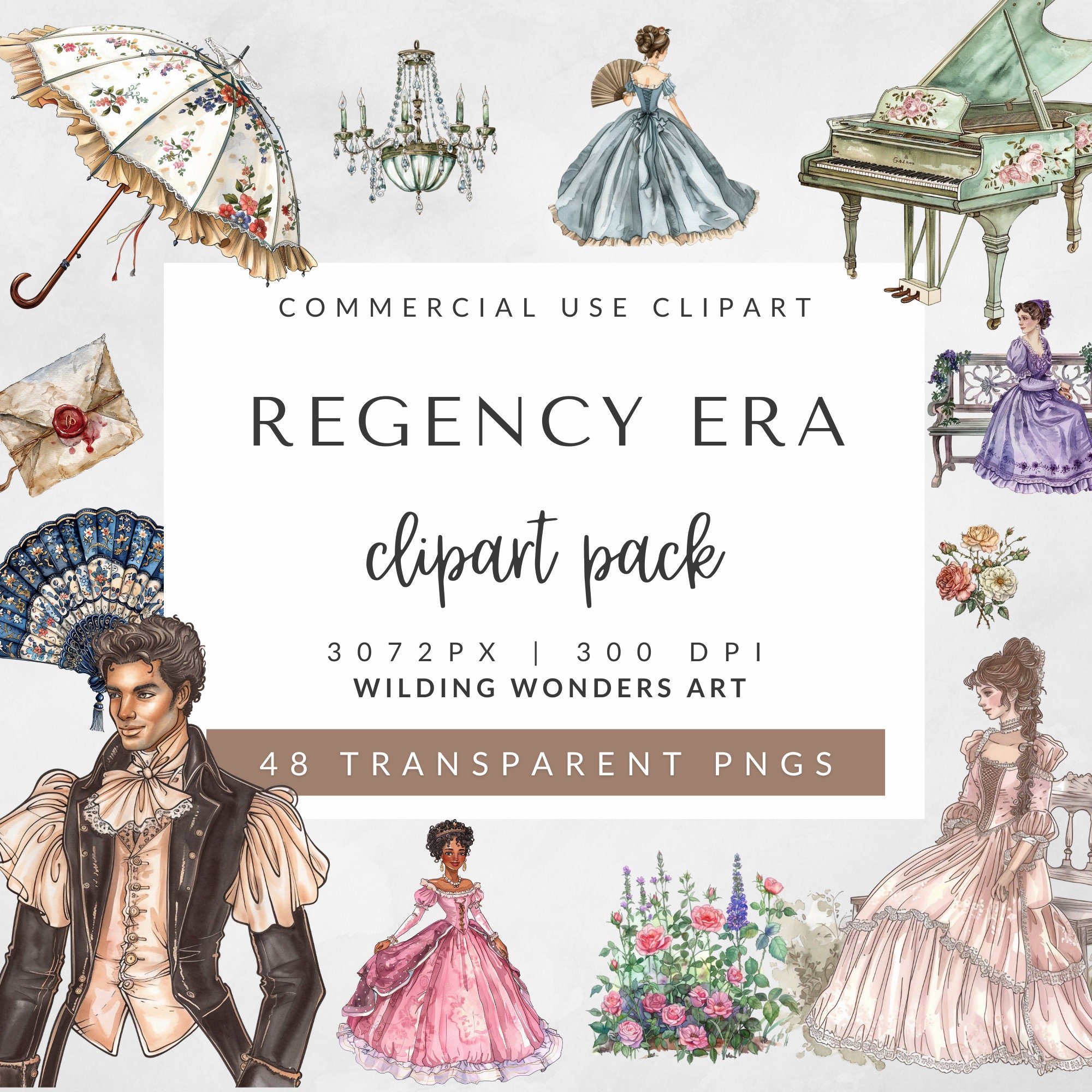 Regency Era Clipart for Commercial Use, Watercolor Victorian Clipart ...