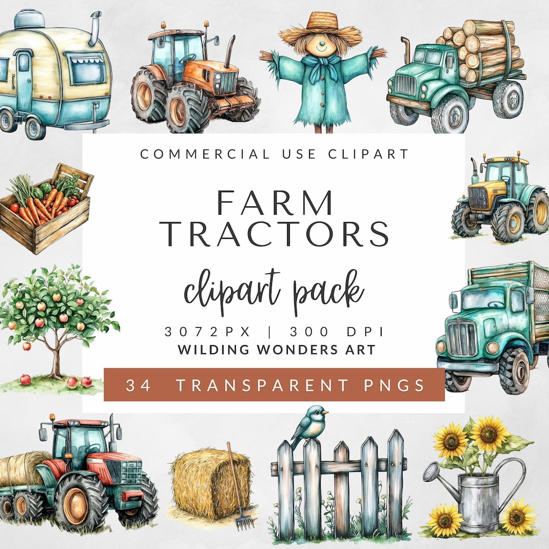 Tractors and Farm Trucks Clipart for Commercial Use, Watercolor Tractor ...