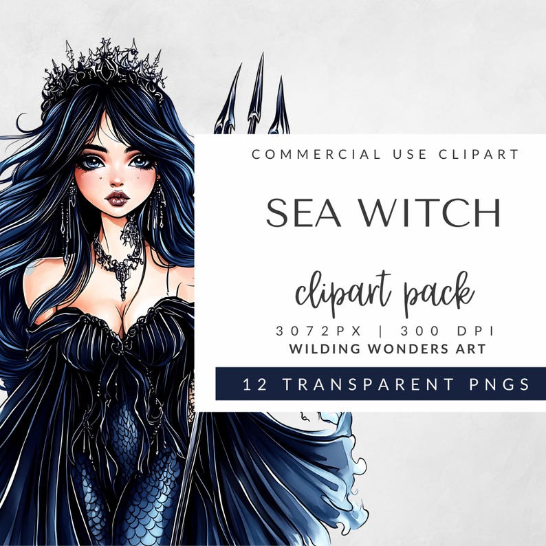 Sea Witch Clipart Pack for Commercial Use, Mermaid Clipart, Fantasy ...