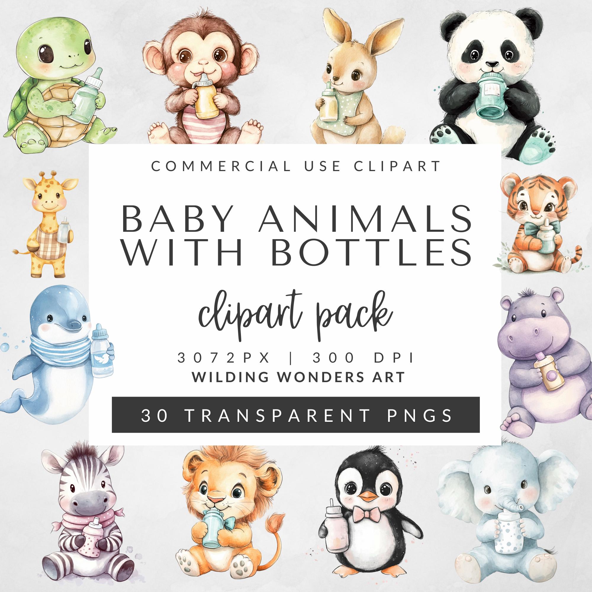 Animals With Baby Bottles Watercolor Clipart for Commercial Use, Baby ...