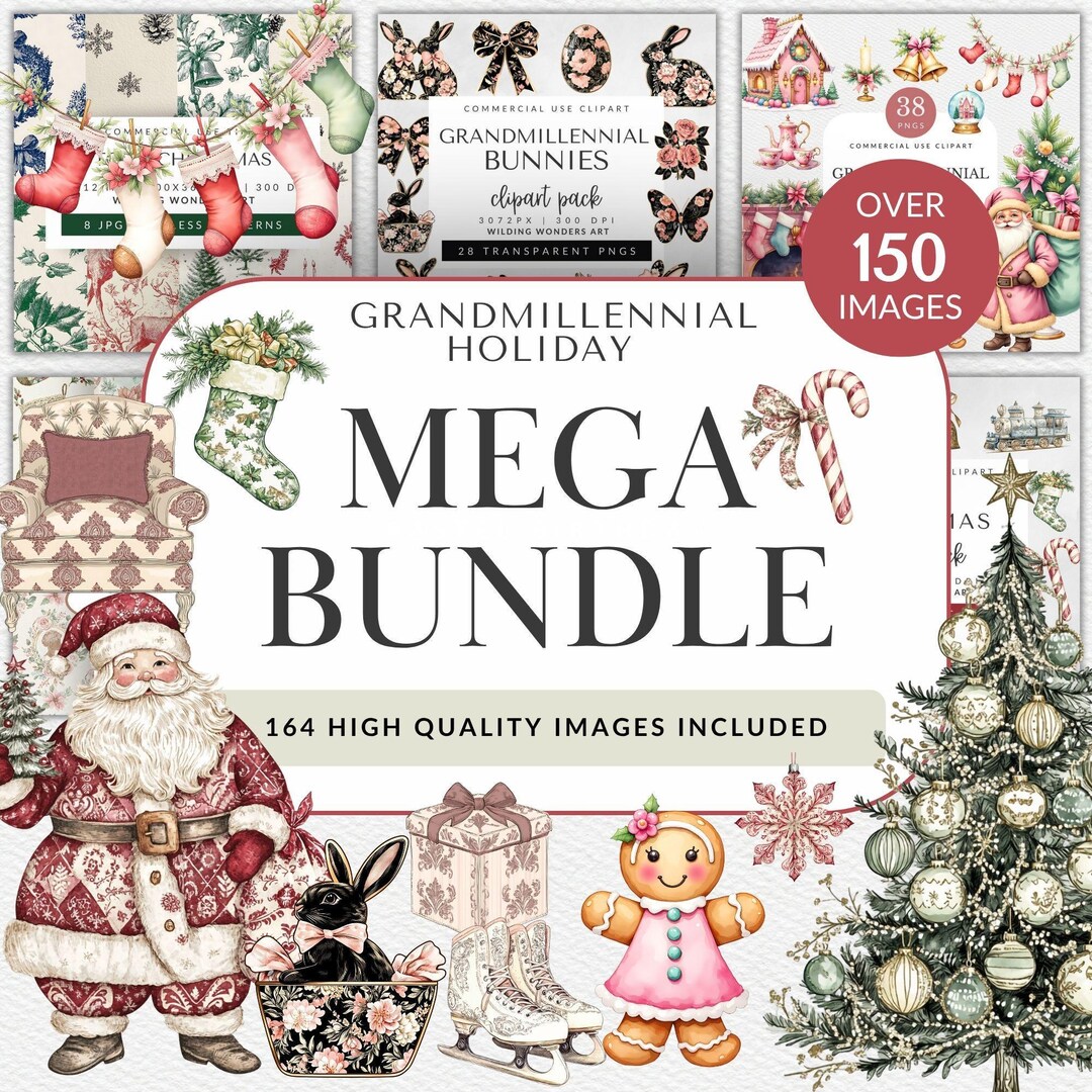 Grandmillennial Holiday Clipart & Seamless Pattern Bundle, Coquette ...