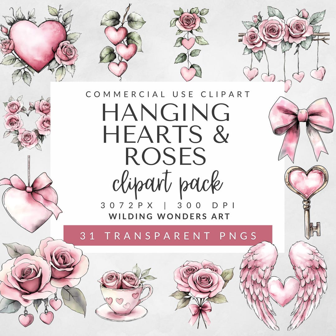 Hanging Hearts and Roses Clipart Pack for Commercial Use, Valentine’s ...