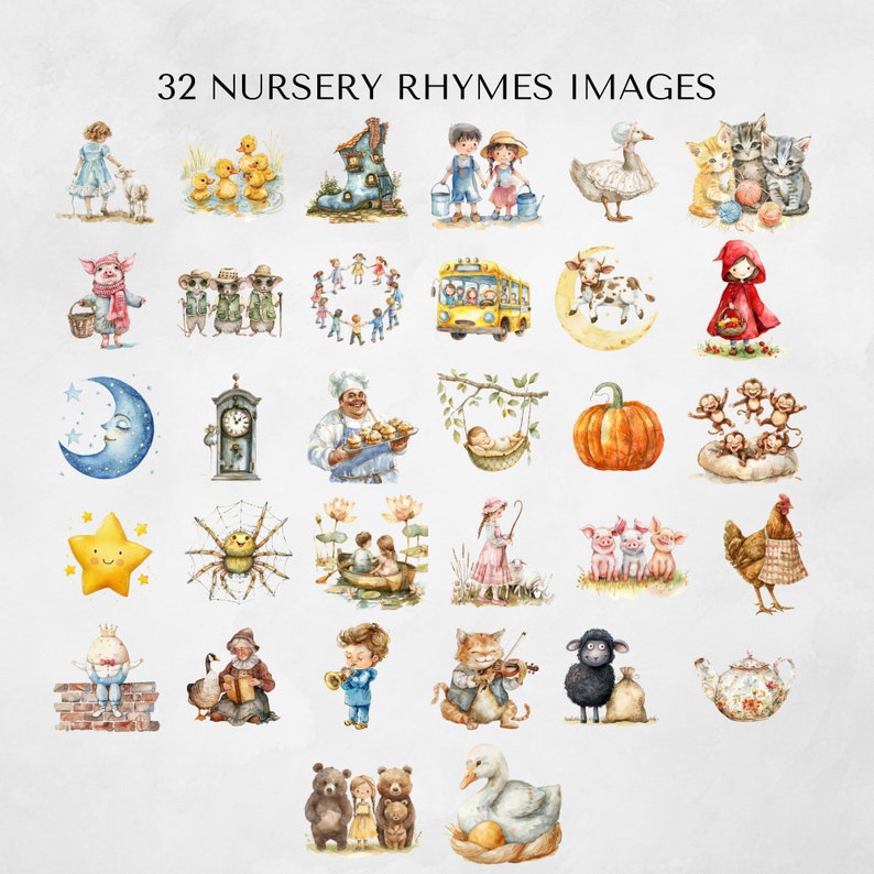 Watercolor Nursery Rhymes Clipart BUNDLE for Commercial Use, 132 ...