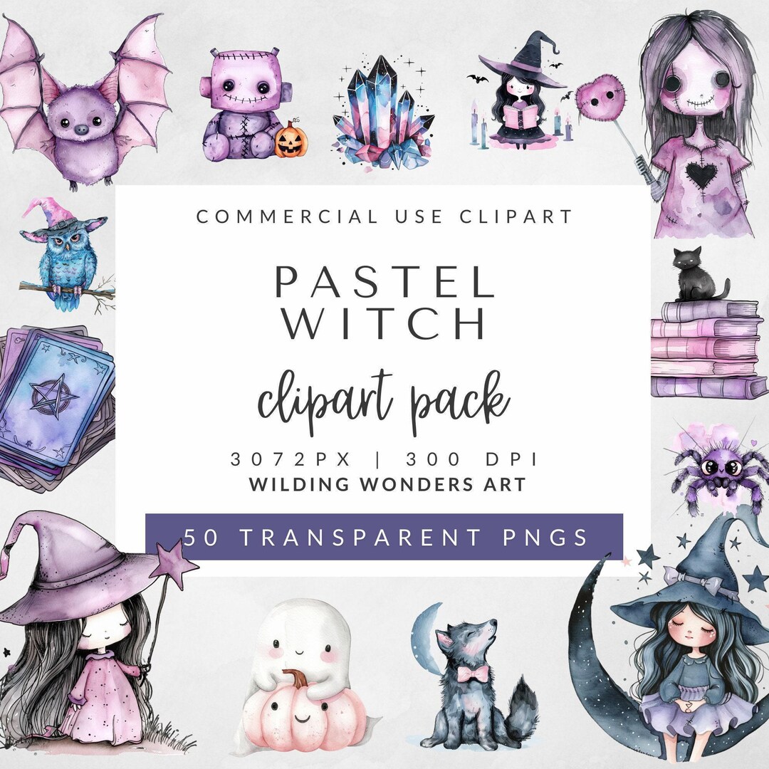Pastel Witch Clipart for Commercial Use, Cute Halloween PNG, Fantasy ...