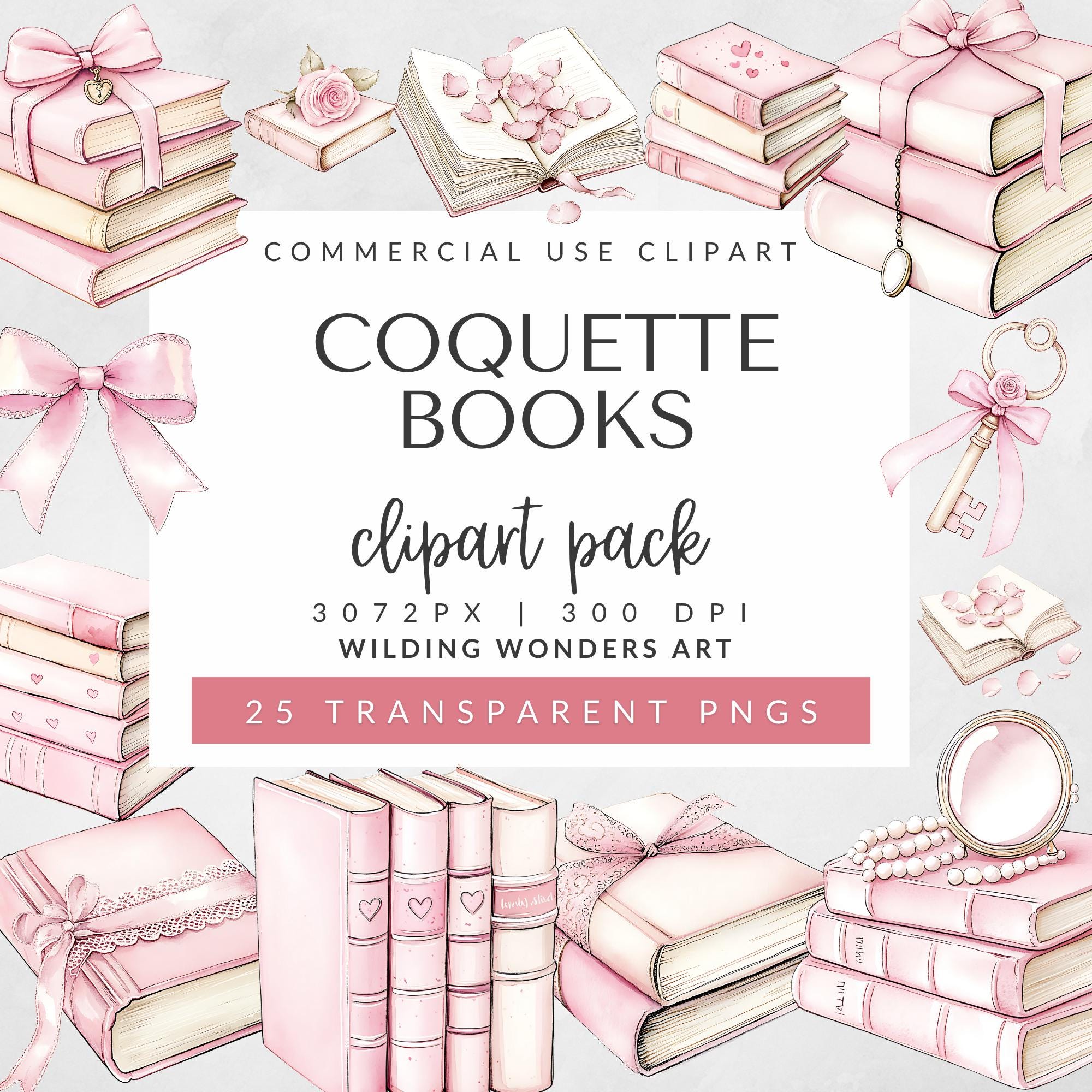 Coquette Books Clipart Pack for Commercial Use, Pink Bow Books ...