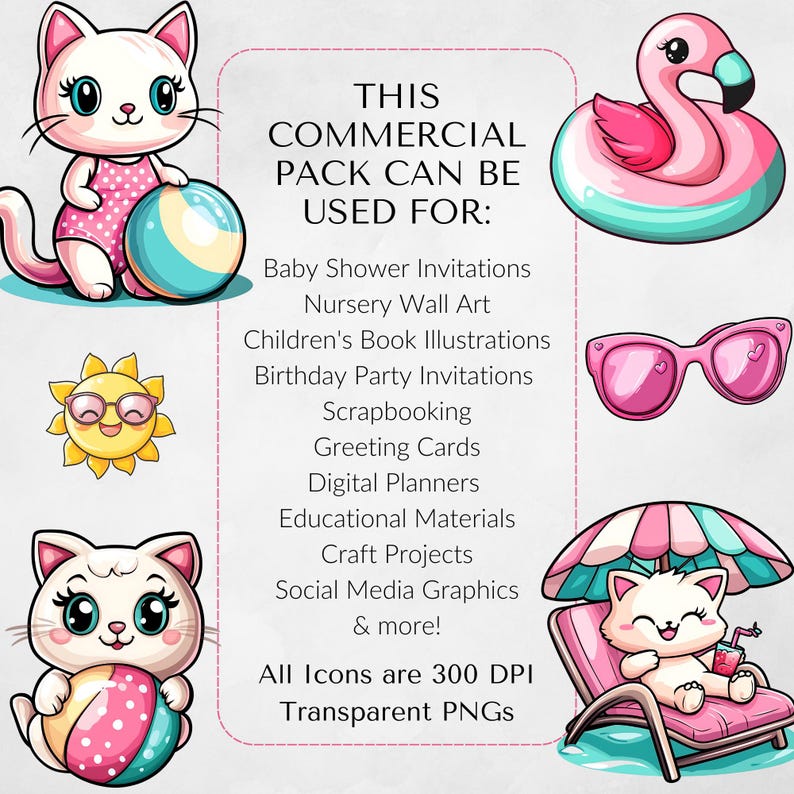 Kawaii Kitty Pool Party Clipart Pack for Commercial Use, Retro Kitty ...