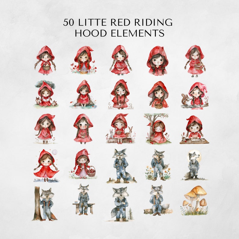 Little Red Riding Hood Watercolor Clipart Pack Commercial Use, Children ...