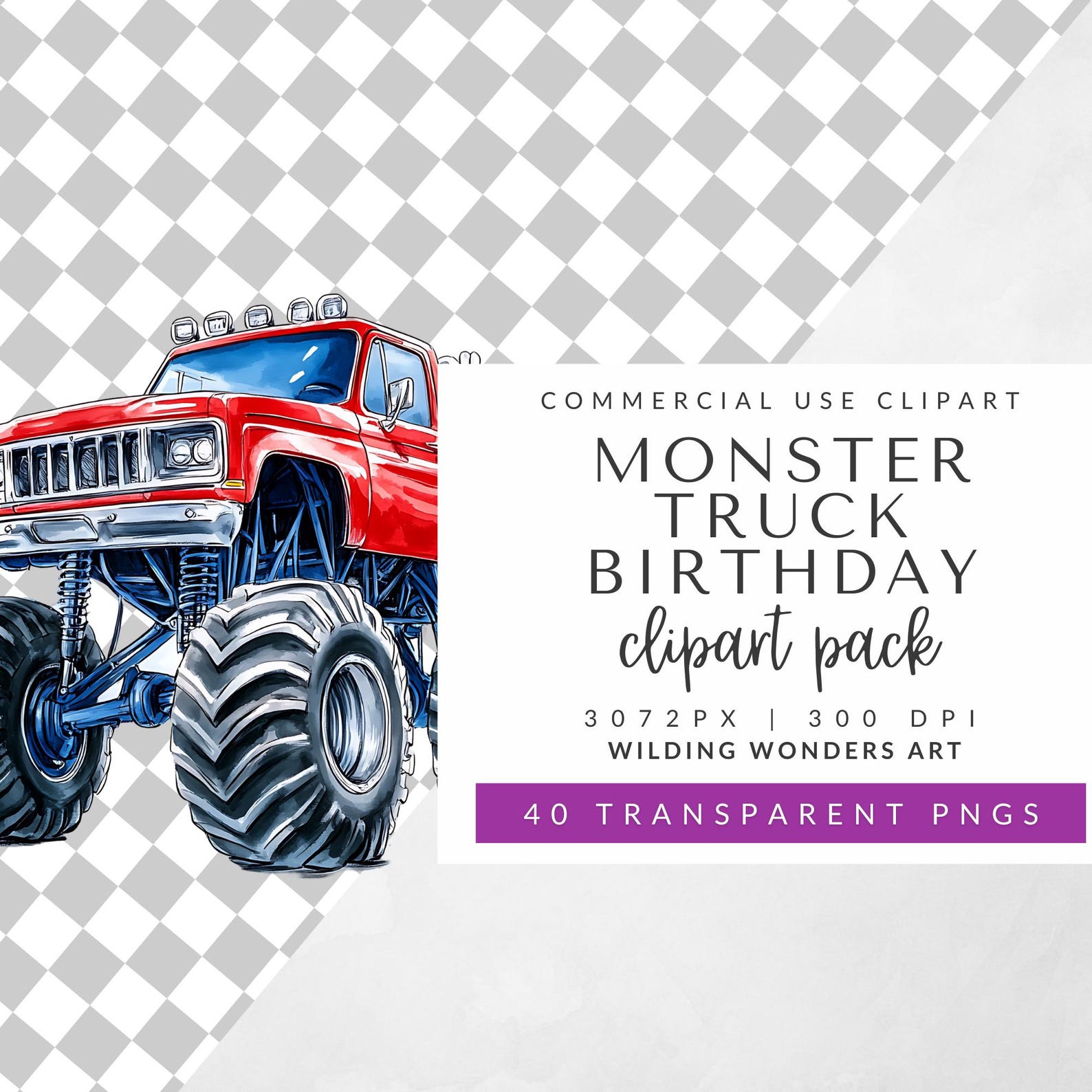 Monster Truck Clipart Pack for Commercial Use, Red Blue Green Purple ...