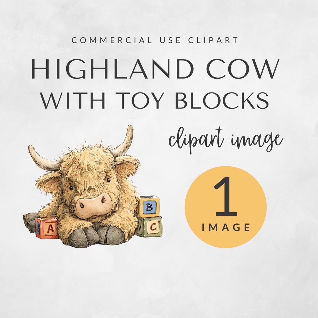 Highland Cow With Toy Blocks Clipart for Commerical Use, Baby Cow PNG ...