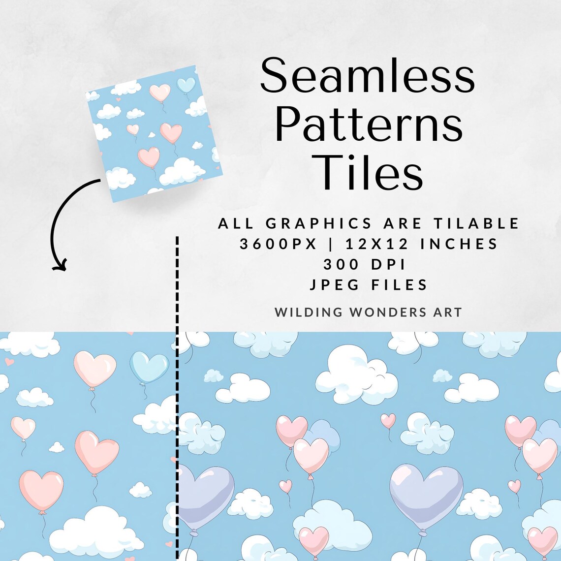 Clouds & Heart Balloons Seamless Pattern Backgrounds, Digital Paper ...