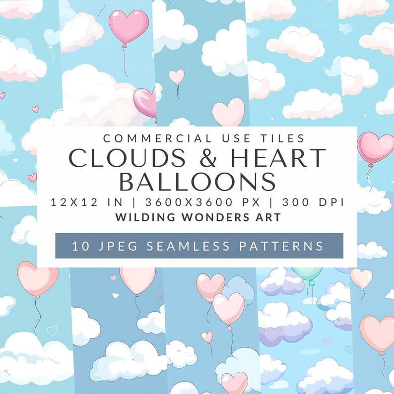 Clouds & Heart Balloons Seamless Pattern Backgrounds, Digital Paper ...