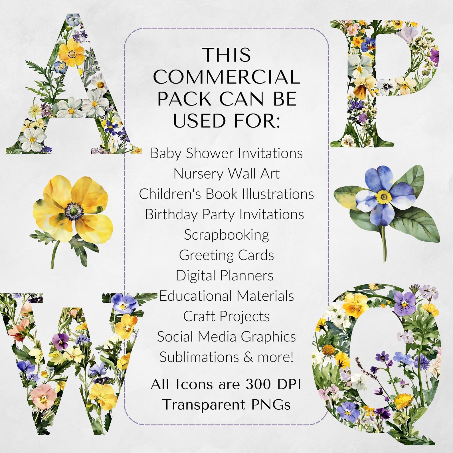 Wildflower Letters Clipart Pack for Commercial Use, Alphabet Watercolor ...