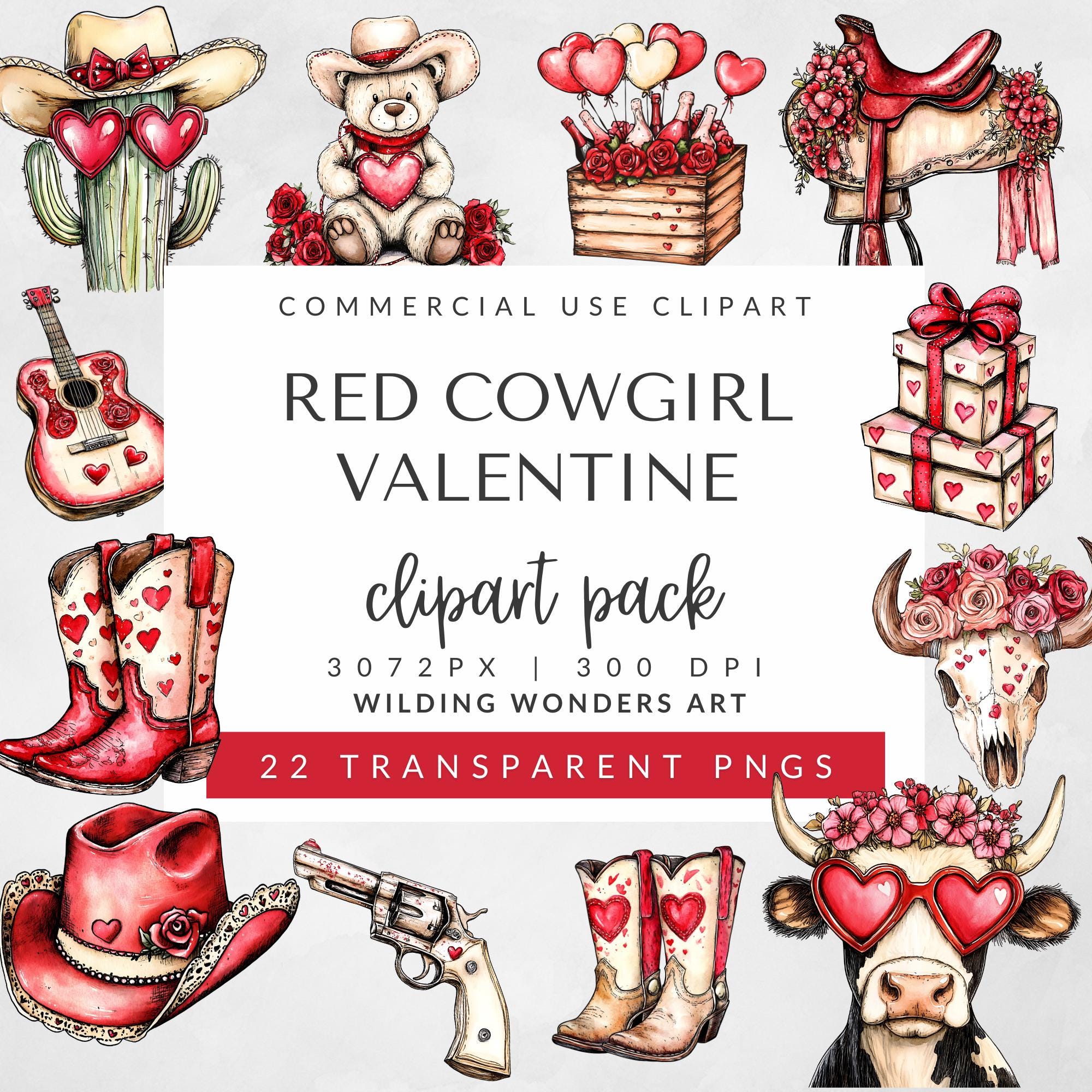 Red Cowgirl Valentine Clipart Pack for Commercial Use, Western ...