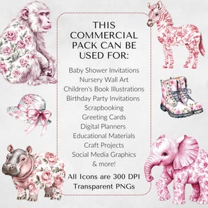Pink Toile Safari Animals Clipart Pack for Commercial Use, Safari Toile ...