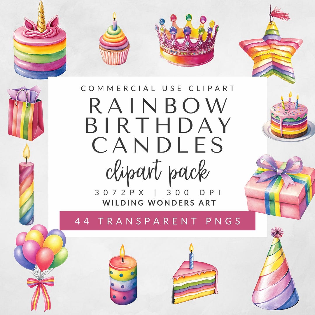 Rainbow Birthday Candle Clipart Pack for Commercial Use, Watercolor ...