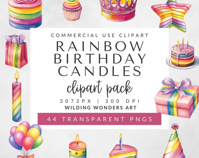 Rainbow Clipart, Birthday Clipart, Cake Clipart, Candles Clipart, Party ...