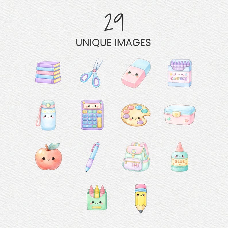 Paquete de imágenes prediseñadas Kawaii para útiles escolares para uso ...