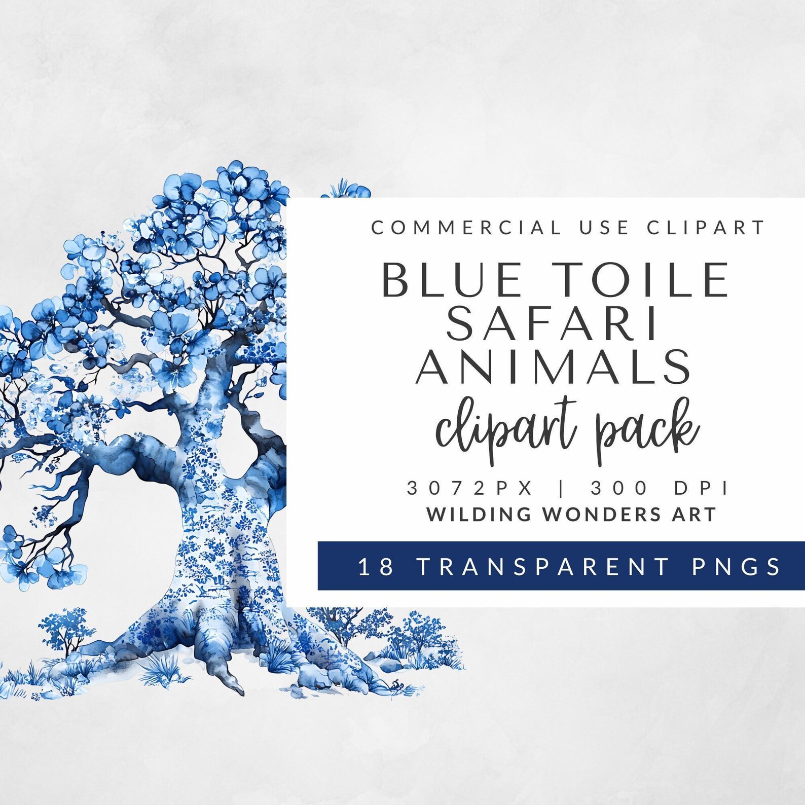 Blue Toile Safari Animals Clipart Pack for Commercial Use, Safari Toile ...